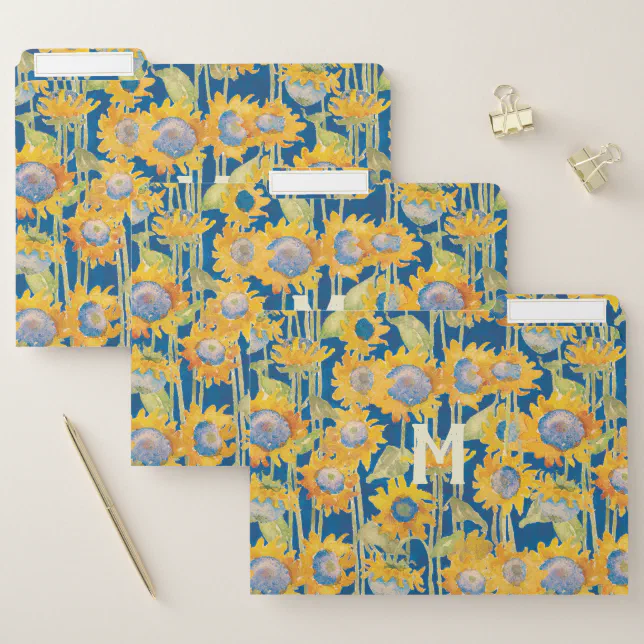 Sunflowers Watercolor Floral Blue Monogram Initial File Folder | Zazzle