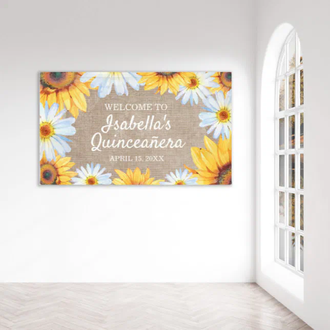 Sunflowers White Daisy Burlap Quinceañera Welcome Banner | Zazzle