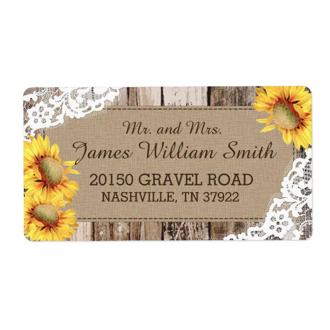 Sunflowers Wood and Lace Rustic Wedding Label | Zazzle