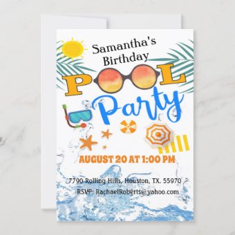 Sunglasses Tropical Pool Party Birthday Invitatio Invitation | Zazzle