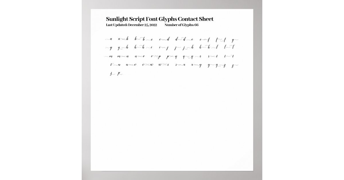 Sunlight Script Font Glyphs Contact Sheet Poster | Zazzle