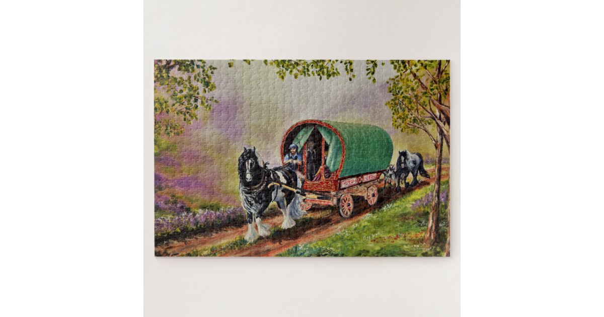 Sunny, Irish road with Gypsy Vanner Vardo Jigsaw Puzzle | Zazzle