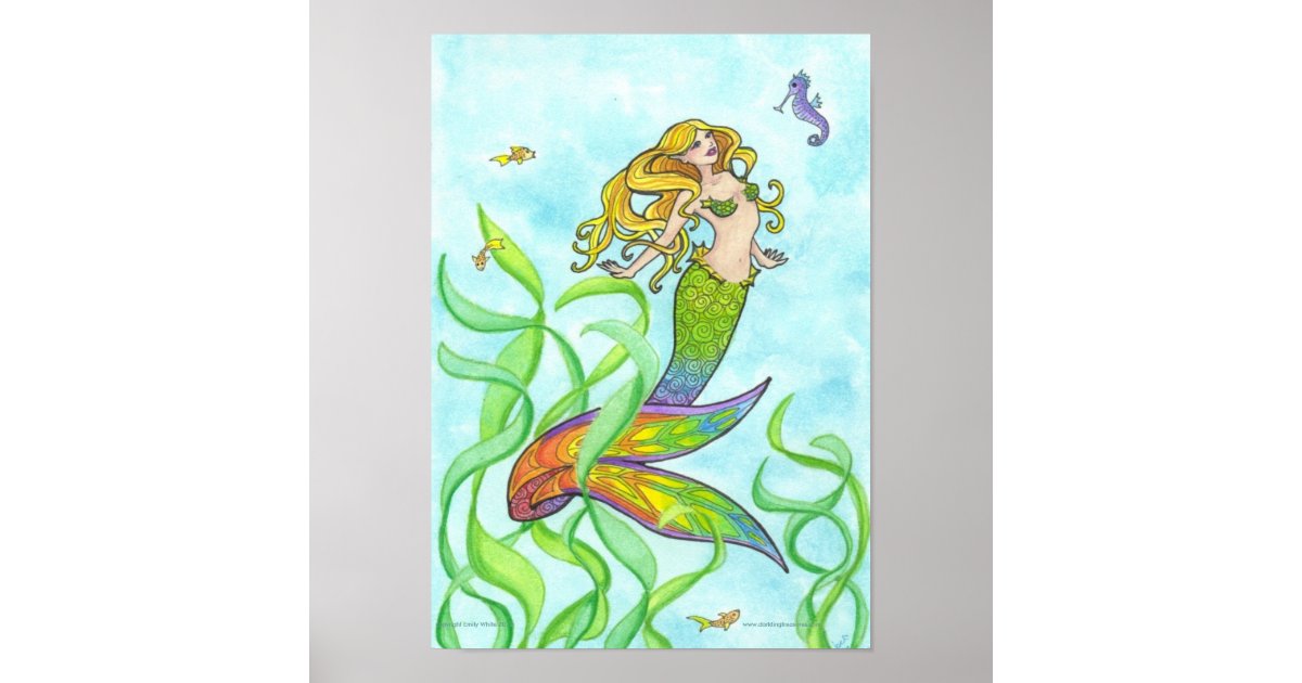 Sunny Mermaid + Fish fantasy art poster | Zazzle