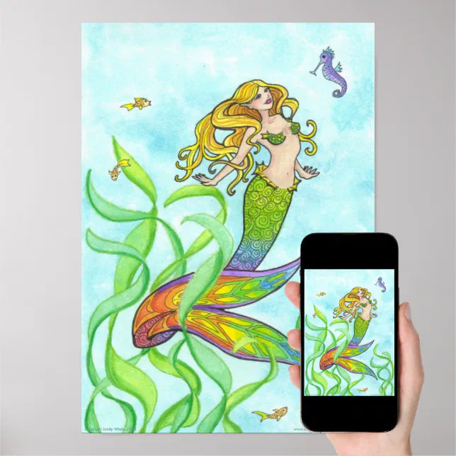 Sunny Mermaid + Fish fantasy art poster | Zazzle