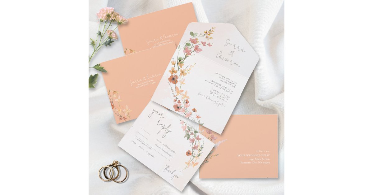 Sunny Wildflower Wedding Apricot ID1023 All In One Invitation | Zazzle