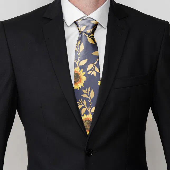 Sunny Yellow Gold Navy Sunflowers Leaves Pattern Neck Tie | Zazzle