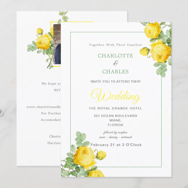 Sunny Yellow Roses Floral Elegant Photo Wedding Invitation | Zazzle