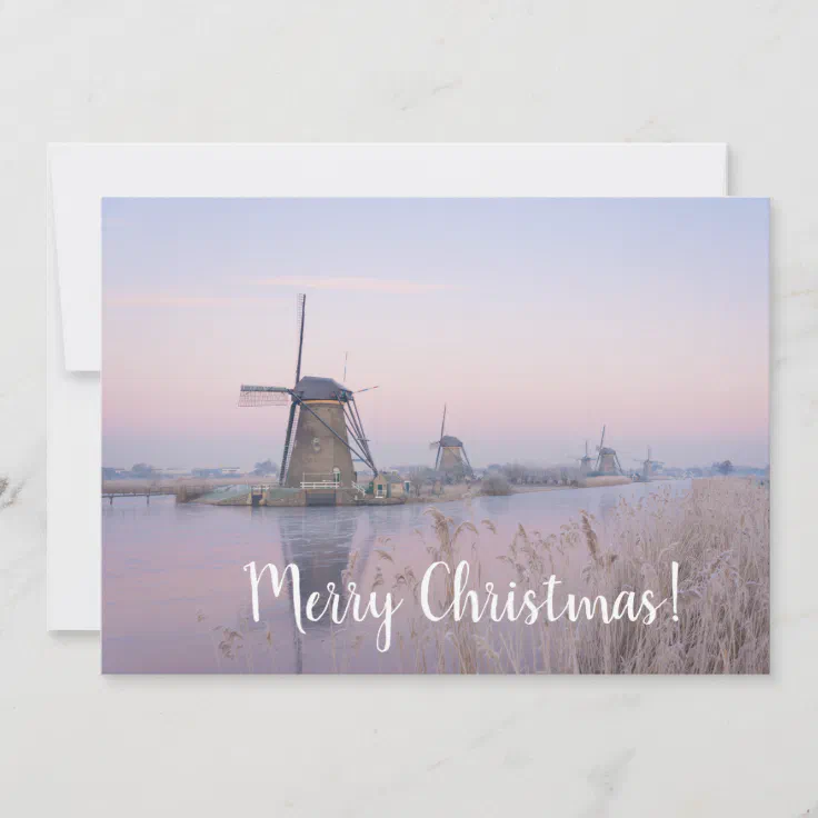 Sunrise and windmills in winter christmas card | Zazzle