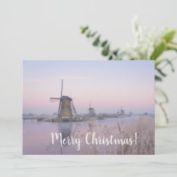 Sunrise and windmills in winter christmas card | Zazzle