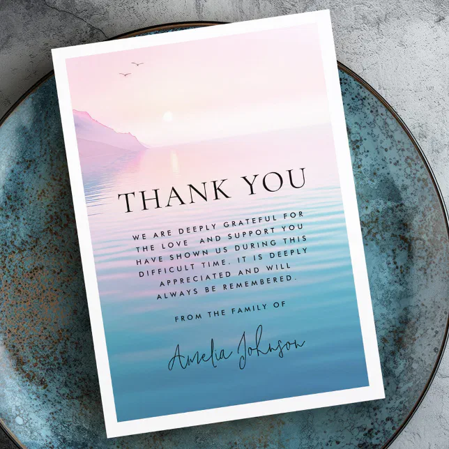 Sunrise cliff and birds funeral sympathy thank you card | Zazzle