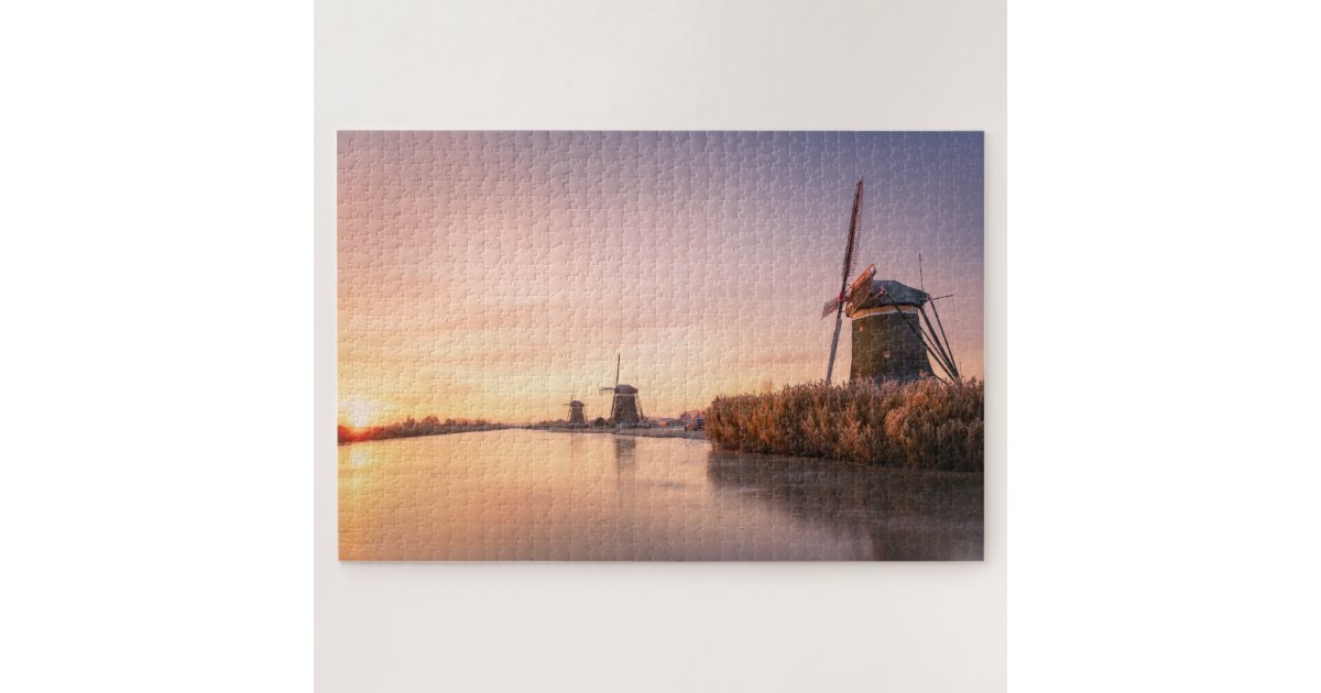 Sunrise over frozen river with windmills and reeds jigsaw puzzle | Zazzle