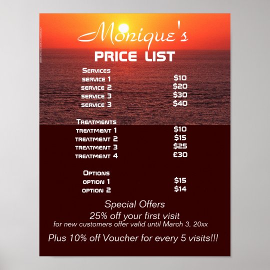Sunrise spa and salon price list poster | Zazzle.com