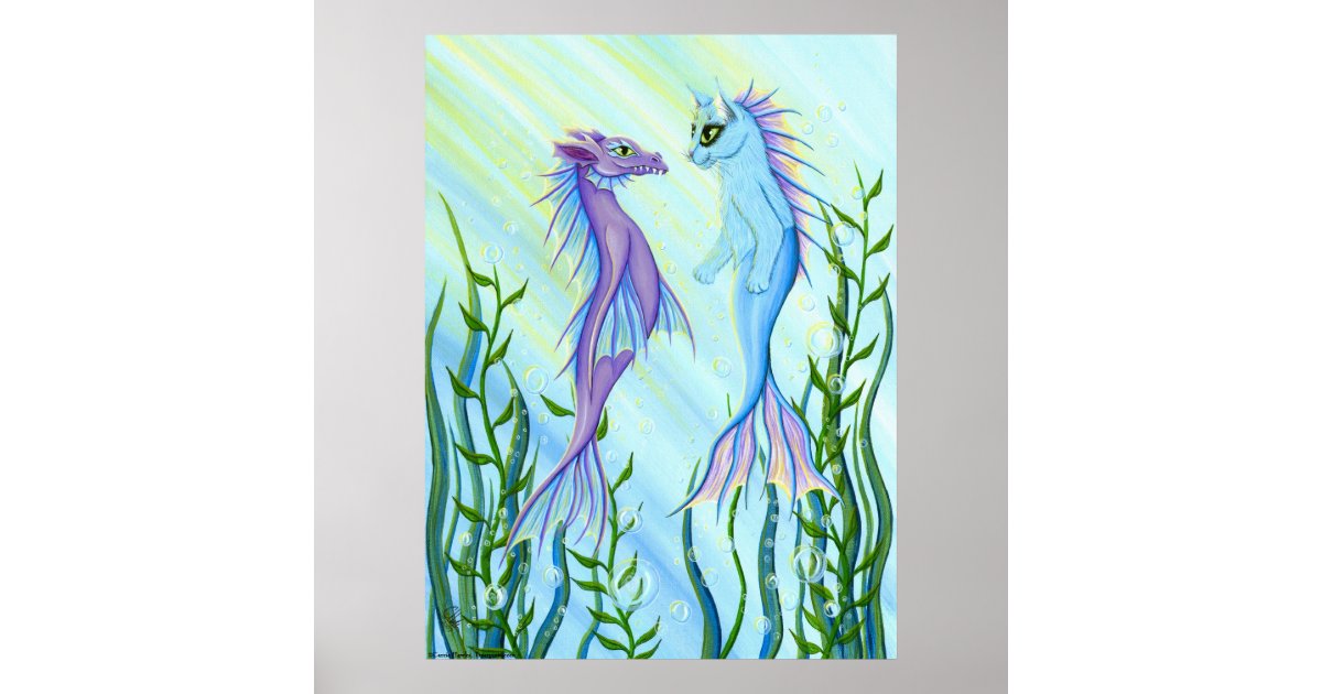 Sunrise Swim, Sea Dragon & Mermaid Cat Fantasy Art Poster | Zazzle