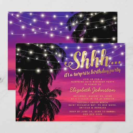 Sunset Beach Glam Surprise Birthday Party Invitation | Zazzle
