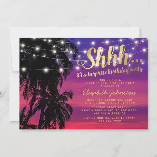 Sunset Beach Glam Surprise Birthday Party Invitation | Zazzle