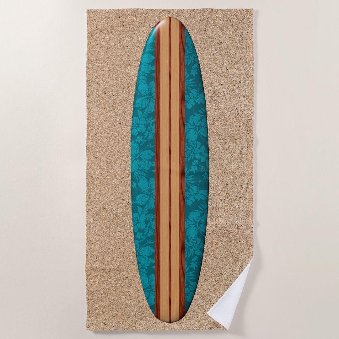 Sunset Beach Hawaiian Faux Wood Surfboard - Teal Beach Towel | Zazzle