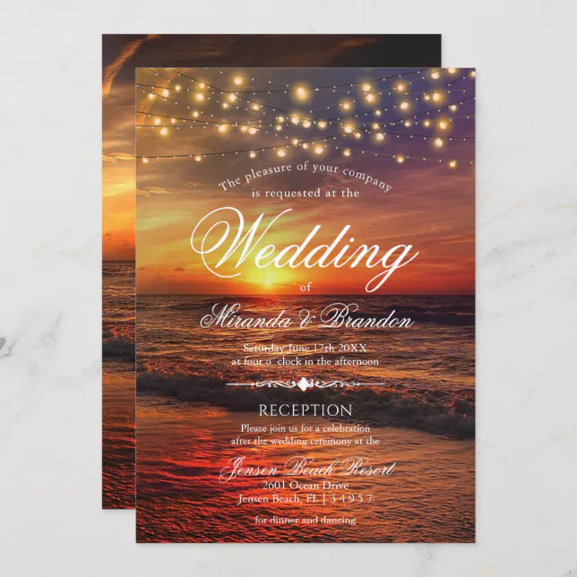 Sunset Beach Lights Summer Wedding & Reception Invitation | Zazzle