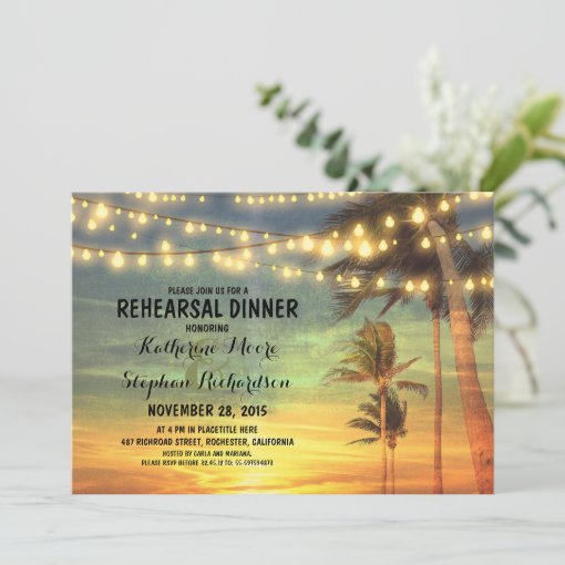 sunset beach rehearsal dinner string lights invitation | Zazzle