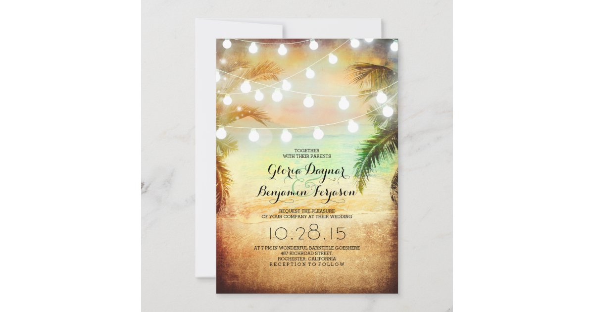 Sunset Beach & String Lights Wedding Invitation | Zazzle
