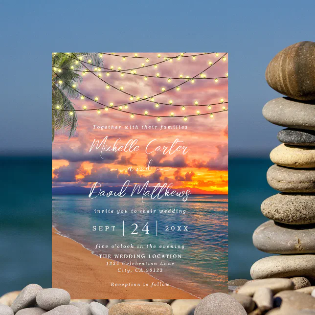 Sunset Beach String Lights Wedding Invitation | Zazzle