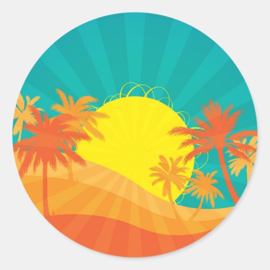 Sunset Beach tropical retro surf design Classic Round Sticker | Zazzle.com