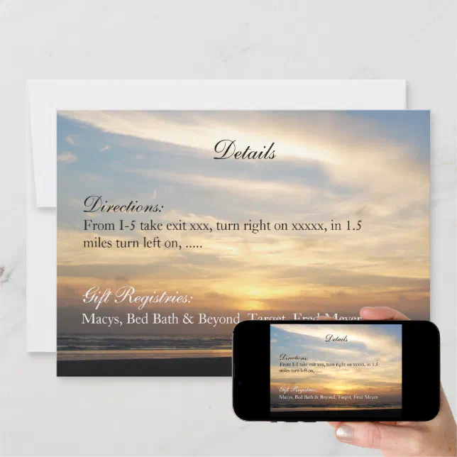 Sunset Beach Wedding Details Reception Card | Zazzle