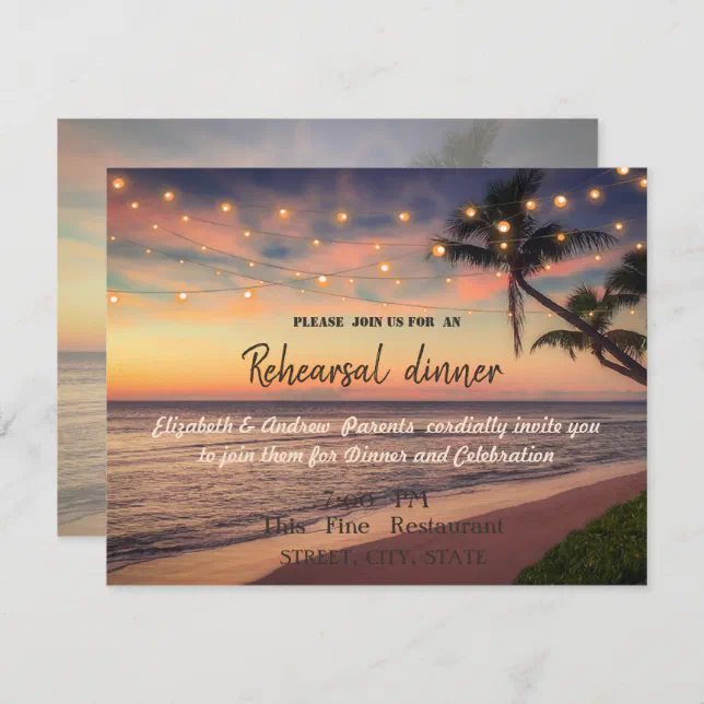 Sunset Beach Wedding,Palm,Lights Rehearsal Dinner Invitation | Zazzle