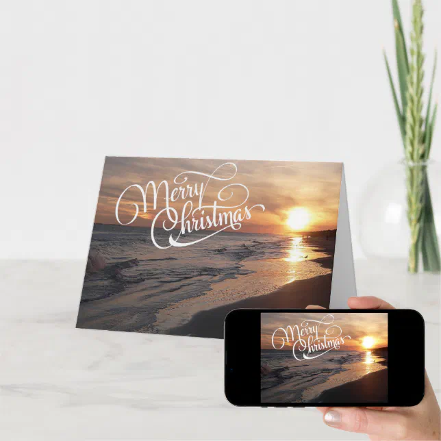 Sunset Beach With Glowing Sun Christmas Card | Zazzle