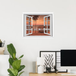 Sunset Coast Beach Ocean Fake Window View Poster | Zazzle
