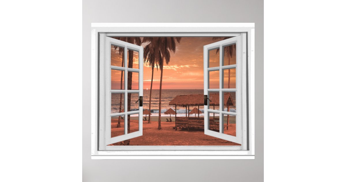 Sunset Coast Beach Ocean Fake Window View Poster | Zazzle