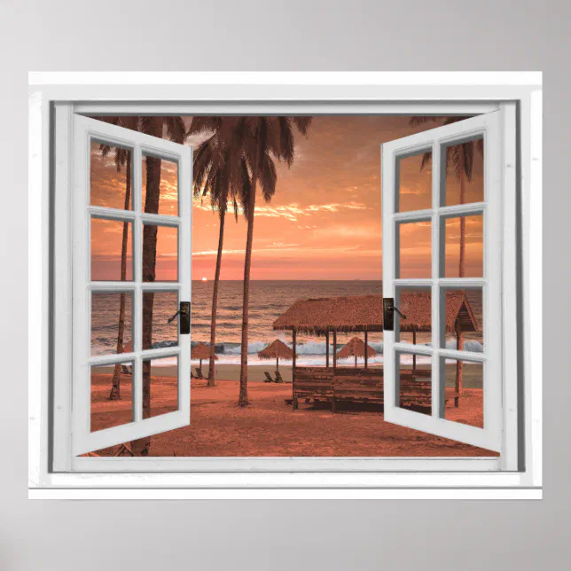 Sunset Coast Beach Ocean Fake Window View Poster | Zazzle