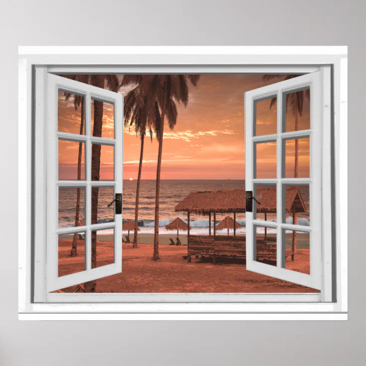 Sunset Coast Beach Ocean Fake Window View Poster | Zazzle