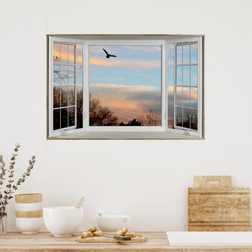 Sunset Flying Bird Fake Window Illusion Poster | Zazzle