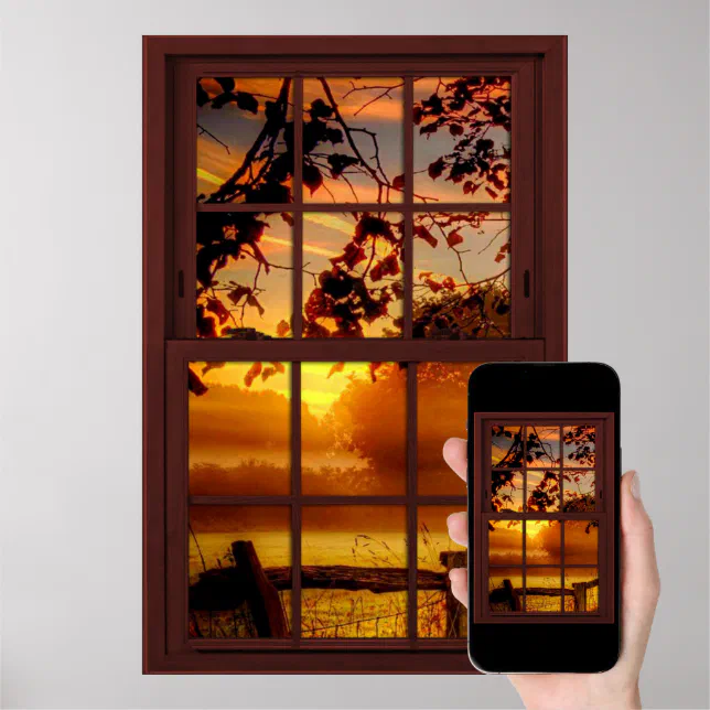 Sunset in Autumn Faux Cherry Wood Window Poster | Zazzle