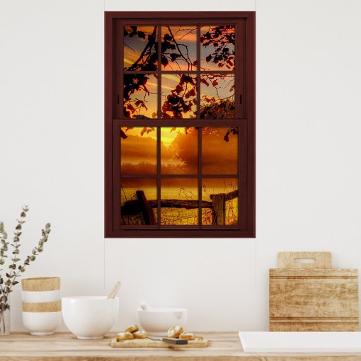 Sunset in Autumn Faux Cherry Wood Window Poster | Zazzle