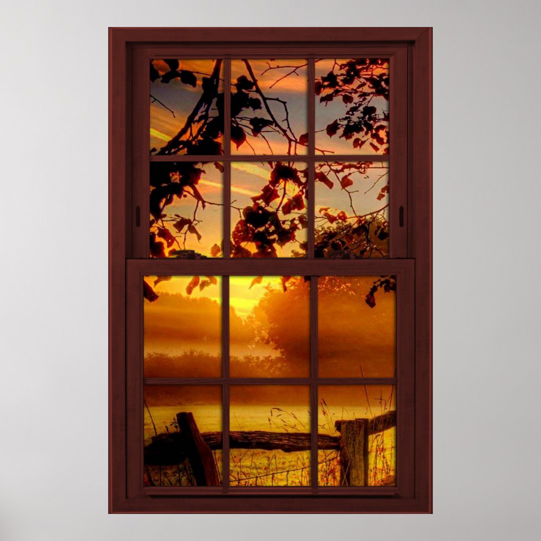 Sunset in Autumn Faux Cherry Wood Window Poster | Zazzle
