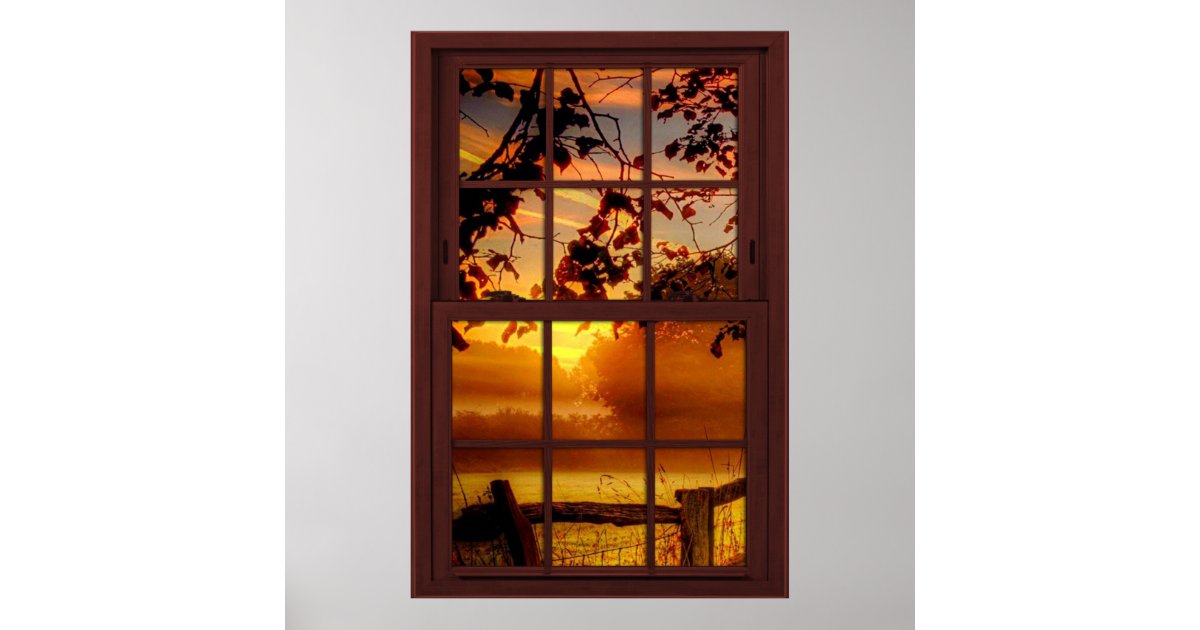 Sunset in Autumn Faux Cherry Wood Window Poster | Zazzle