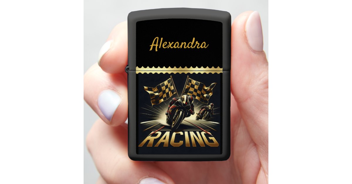 Sunset motorcycle racing with flags zippo lighter | Zazzle