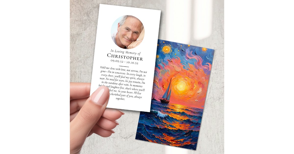 Sunset Ocean Boat Photo Prayer Memorial Calling Card | Zazzle