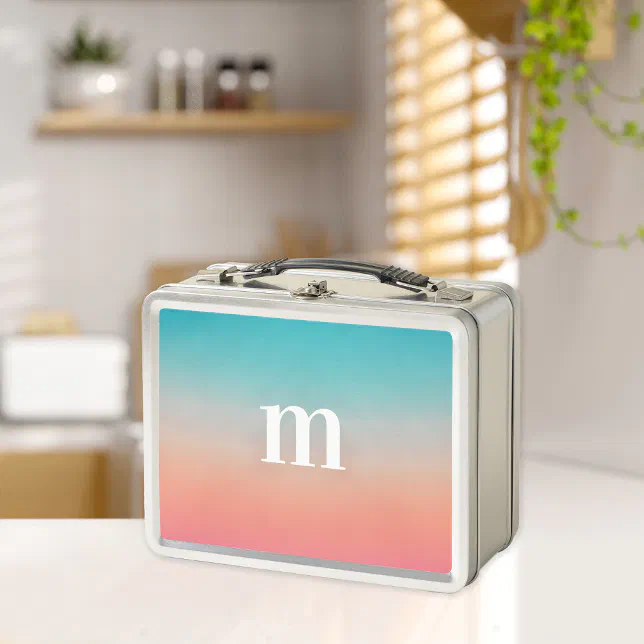 Sunset Ombre Turquoise to Pink Initial Metal Lunch Box | Zazzle