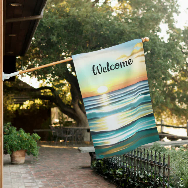 Sunset Over a Calm Ocean Welcome House Flag | Zazzle