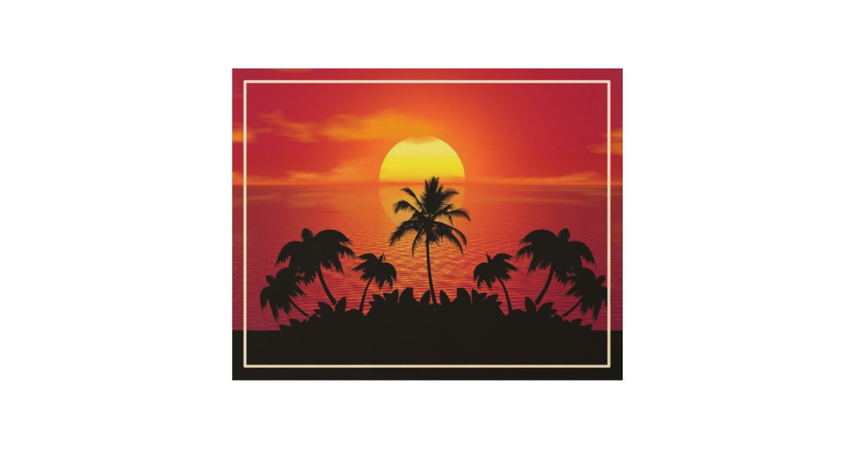 Sunset Palm Trees Silhouettes Illustration Wood Wall Art | Zazzle