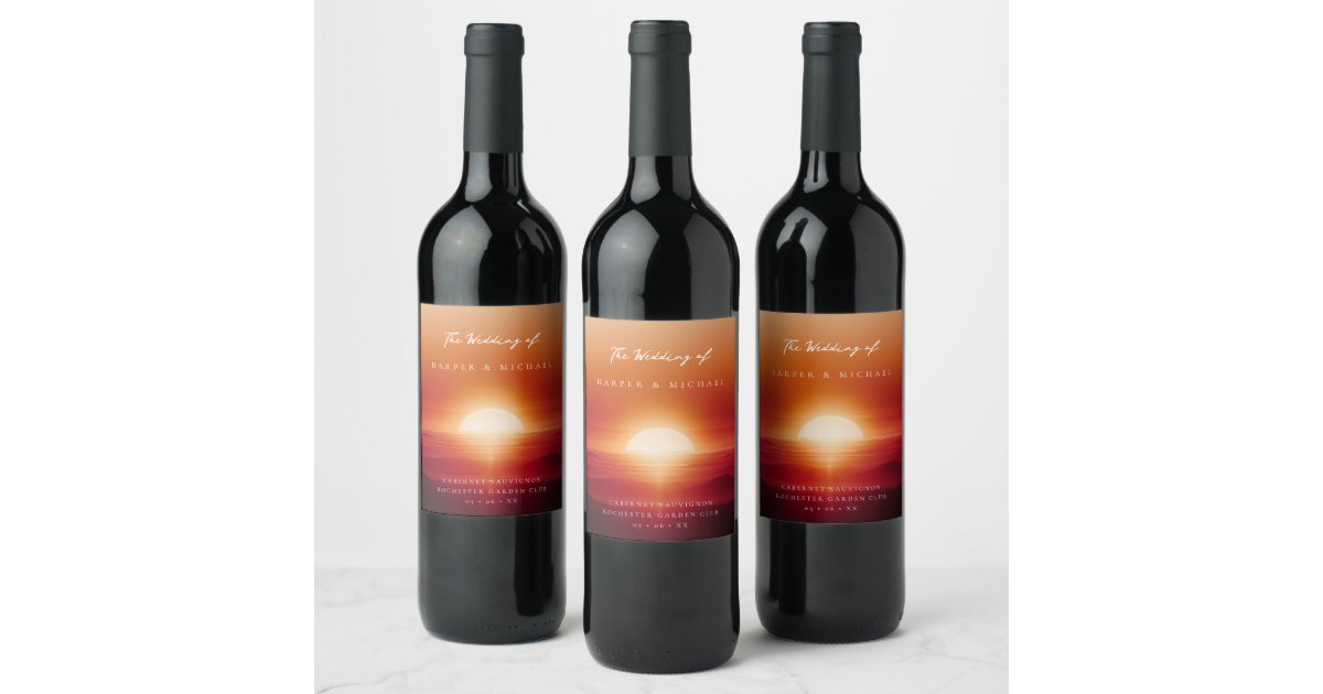 sunset personalized wedding wine label | Zazzle