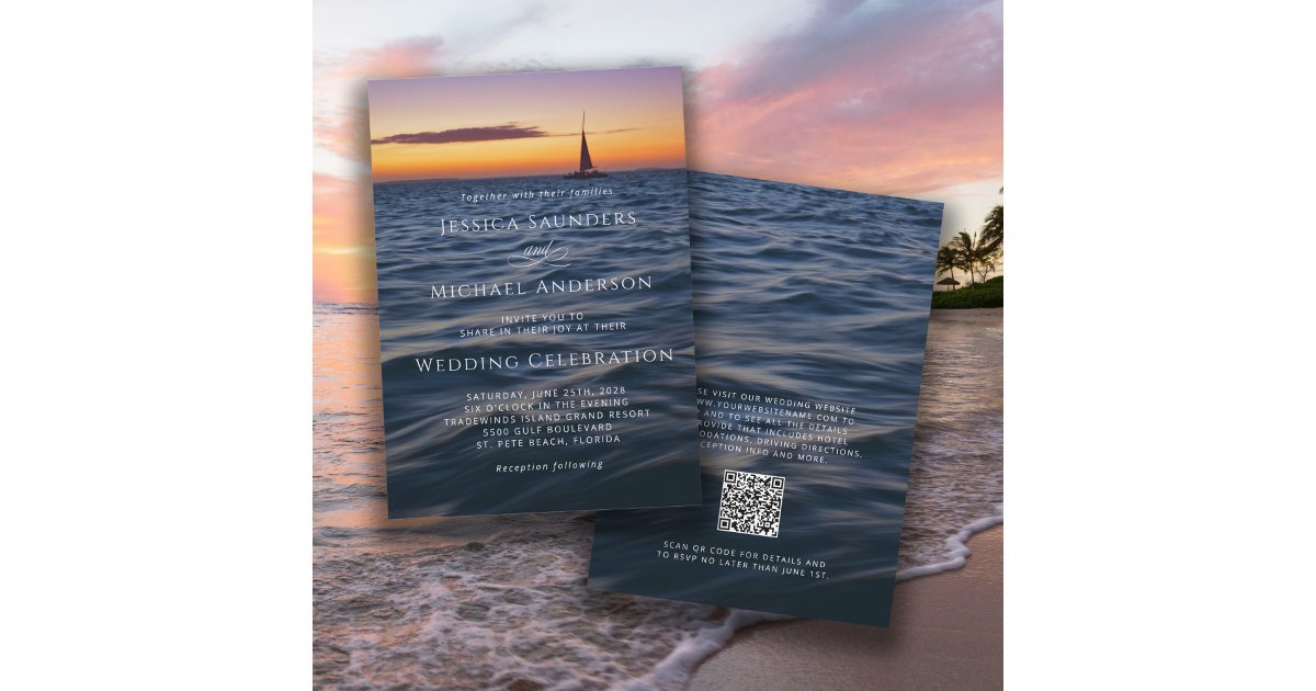 Sunset Sail Modern Nautical Wedding with QR code Invitation | Zazzle