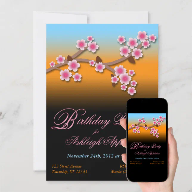 Sunset Sakura Birthday Invitations | Zazzle