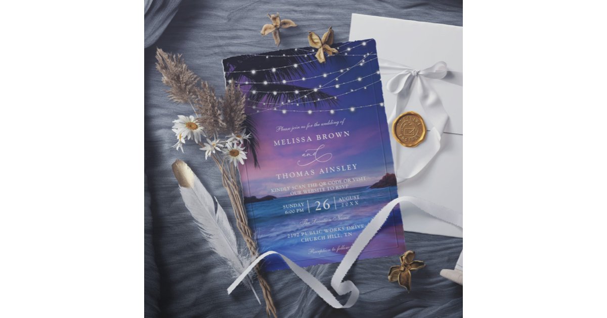 Sunset String Light Tropical Beach QR Code Wedding Invitation | Zazzle