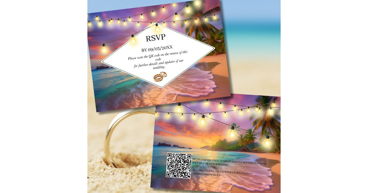 Sunset Tropical Beach QR Code RSVP Wedding Note Card | Zazzle
