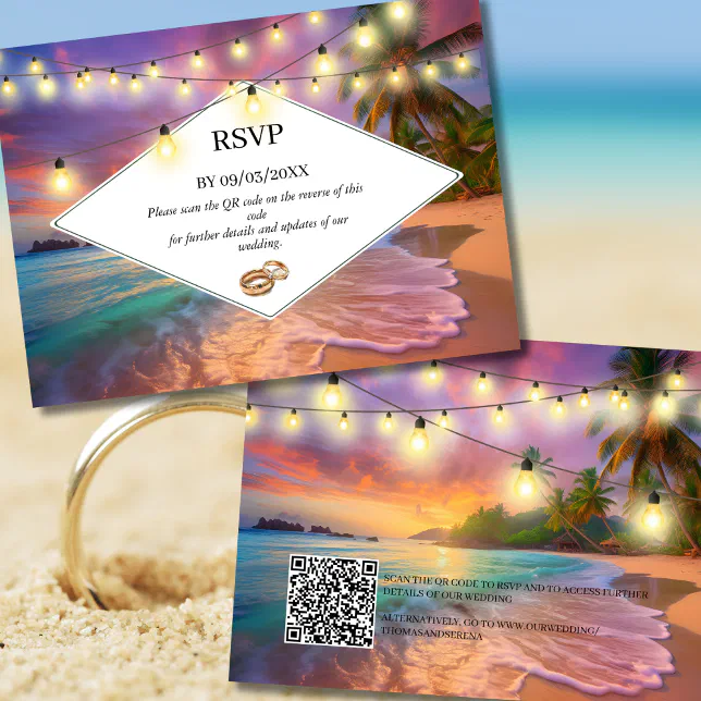 Sunset Tropical Beach QR Code RSVP Wedding Note Card | Zazzle