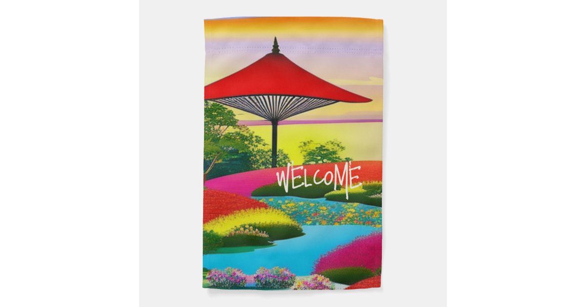 Sunset Umbrella Gardens Personalized Garden Flag | Zazzle