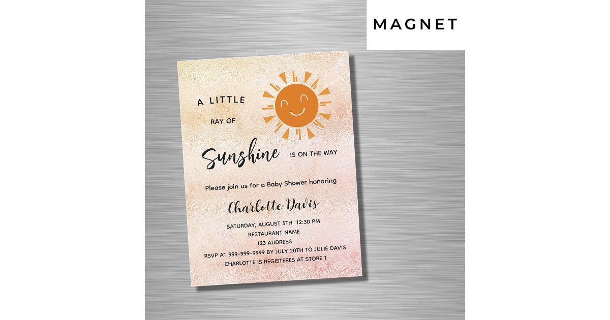Sunshine Baby Shower pink girl sun luxury Magnetic Invitation | Zazzle